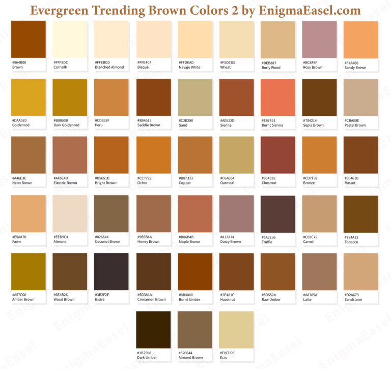 188 Shades of Brown with HEX Codes and Names – Color Palette Guide ...